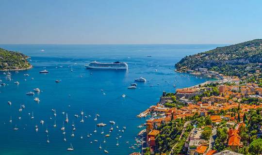 Aerial view of yachts in bay, French Riviera